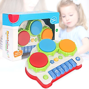 Baby Musical Keyboard Toy Piano for Toddlers 1-3, Drum Toy Set with Songs, Animal Sounds and Lights, Piano Xylophone for Kids Drums Montessori Learning Electronic Baby Instruments 12-18 Months