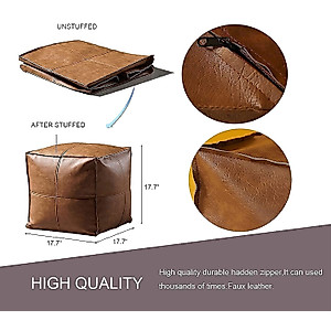 Pouf Ottoman, Unstuffed Ottoman Pouf Cover, Handmade Outdoor Pouf Faux PU Leather Moroccan, Brown 17.7" Square, Ottoman for Living Room Balcony Office Outdoor for Christmas Decorations Gift