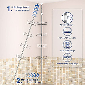 SEIRIONE Rustproof Shower Corner Caddy Organizer for Bathroom, Freestanding Tension Pole with 4 Baskets, for Bathtub Shampoo Storage, 56 to 114 Inch Height