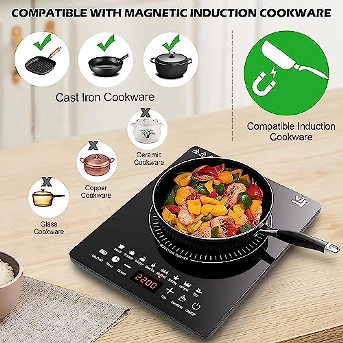 Portable Induction Cooktop, Countertop Burner with Multi-Function, 2200w Electric Stove with Easy Clean Glass, 8 Modes Sensor Touch Cooker
