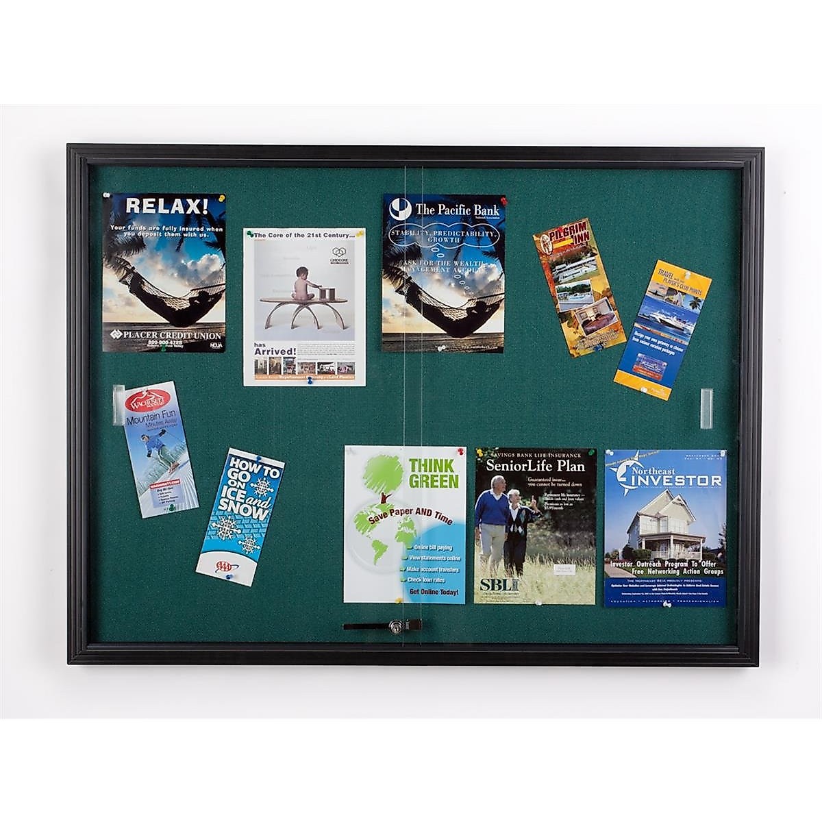 4 x 3 Foot Teal Fabric Tack board for Wall Mount Use, Locking Sliding Glass Door, 48 x 36 Inch Enclosed Bulletin Board for Indoor Use - Black Aluminum with Teal Fabric