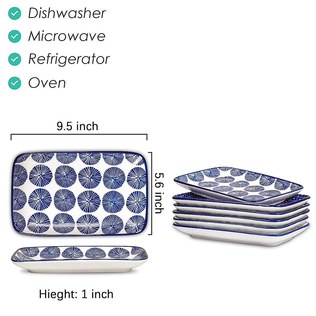 Selamica Ceramic 9.5 Inch Large Rectangular Salad Plates, Dinner Plates, Pasta Dessert Plates Serving Platters and Trays for Appetizer, Sushi, Fruit, Set of 6, Vintage Blue