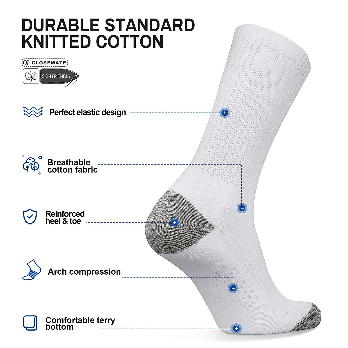 Closemate 6 Pairs Mens Cushion Crew Socks Moisture Wicking Athletic Cotton Socks for Sport Training Work(6White, Size L)