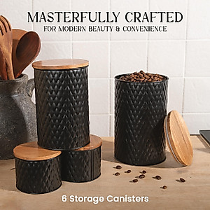 Alasitas 6 Canister Set for the Kitchen Countertop – Galvanized Metal Food Storage Canisters with Airtight Lids for Flour, Tea, Crafts, Coffee, & Sugar – Container Set with Modern Wood Lids, Black
