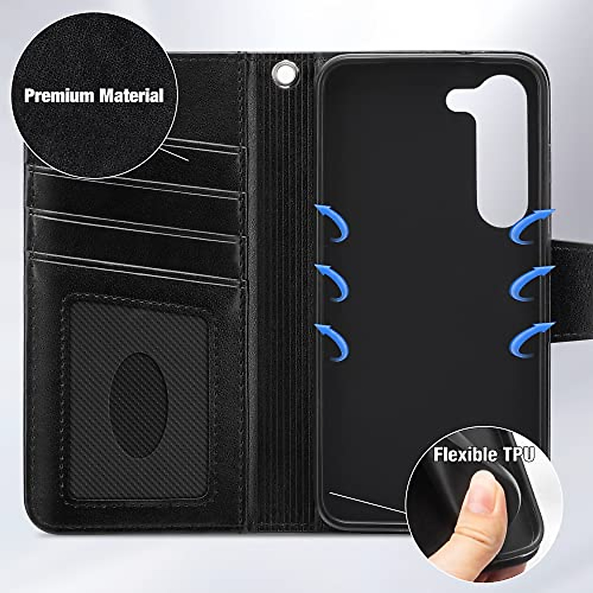 Lugege Compatible with Samsung Galaxy S23 5G Case Wallet Flip Folio Case [Kickstand] with RFID Blocking Card Holders [Shockproof] and Wrist Strap Phone Cover Black