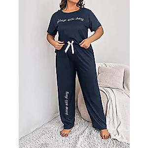 Floerns Women's Plus Size Pajamas Graphic Print Short Sleeve Tee with Pants Pj Set Navy Blue 5XL