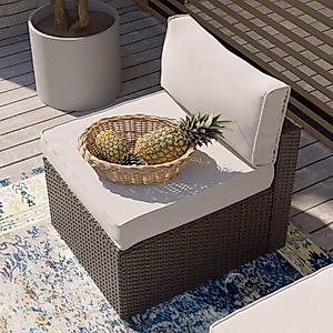 SUNBURY Patio Sectional Sofa Chair, Add-on Wicker Armless Chair in Off White Cushion, Brown Wicker Outdoor Furniture Seating for Backyard Garden Porch