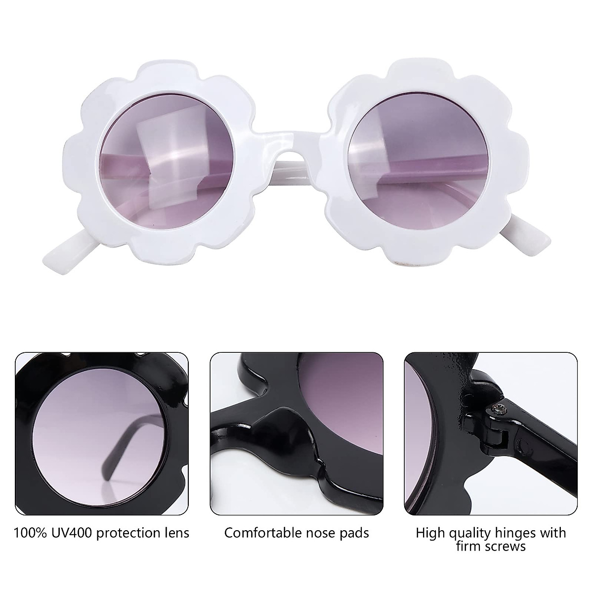 2 Pieces Flower Kids Sunglasses Boy Girl Toddler Sunglasses Cute Baby Sunglasses Party Favors for Boys Girls (Black +White)