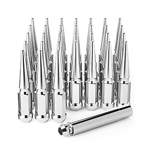 OMT M14x1.5 Spike Lug Nuts, 14mmx1.5 Wheel Lug Nuts Compatible with Chevy Silverado Express, Ram 2500 3500, Ford F250 F350, GMC Sierra Yukon Savana and More, Spike Lug Nut Set, Set of 32, Chrome