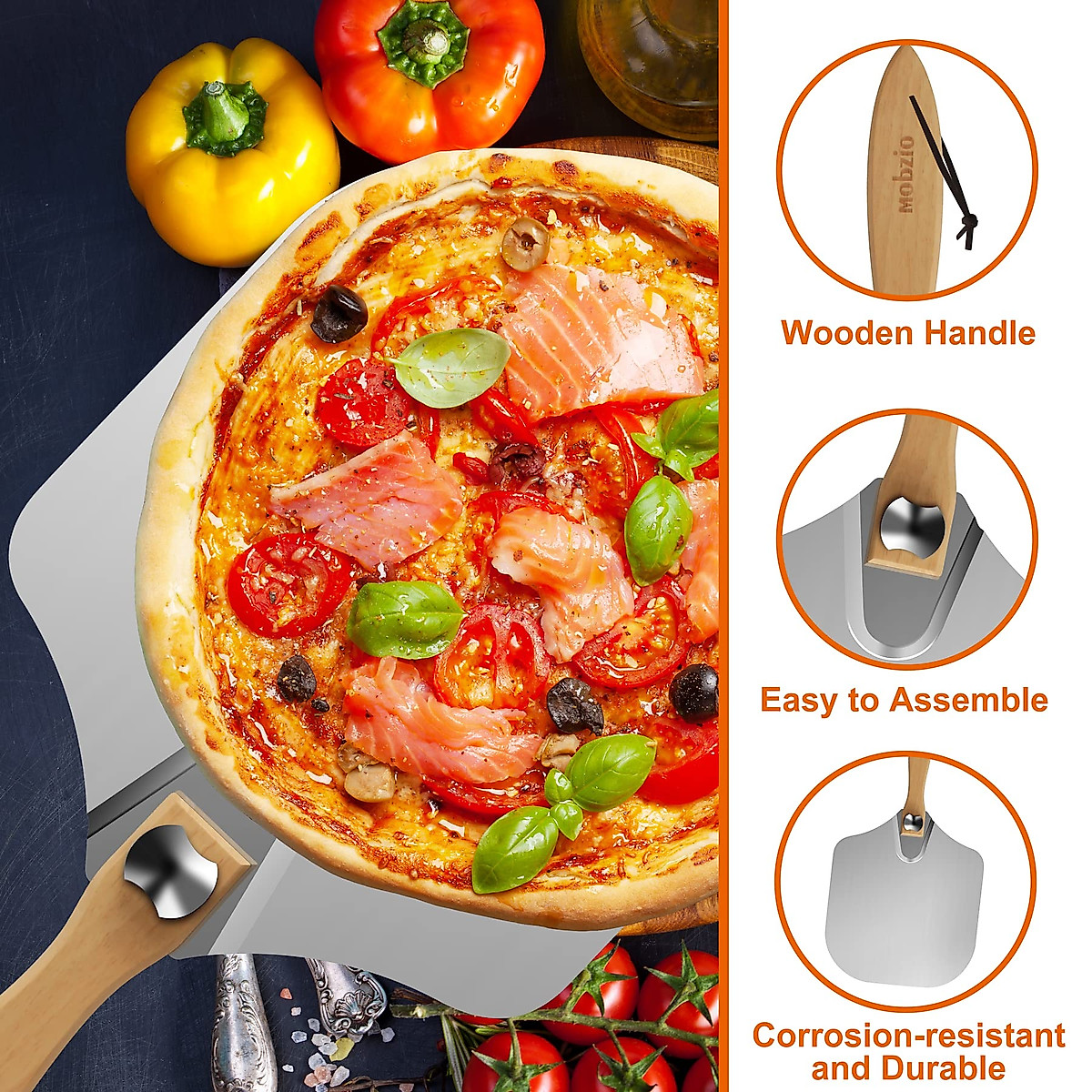 mobzio Pizza Peel Metal Pizza Spatula, Pizza Paddle 12 x 14 inch, Pizza Cutter Rocker, Pizza Paddle with Foldable Handle, Aluminum Pizza Peel Kit for Dough, Bread & Pastry, Pizza Oven Accessories