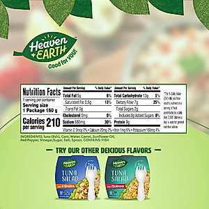 Heaven & Earth Ready to Eat Tuna Salad with Corn & Vegetables, 5.64oz (4 Pack) | Great Source of Protein | Travel Friendly Meals | Spork Included