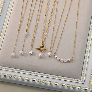 VAttract Freshwater Pearl Necklace for Women, 18K Gold Plated Pearl Chain Choker Necklace, Paperclip & Pearl Chain Necklace Simple Pearl Jewelry Gift