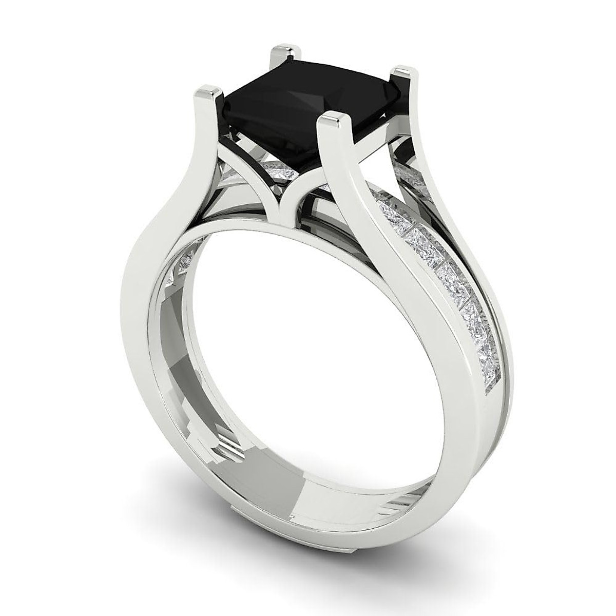 Clara Pucci 3.5 ct Princess Cut Solitaire Natural Black Onyx Designer Art Deco Statement Wedding Sliding Ring Band Set 18K White Gold 7