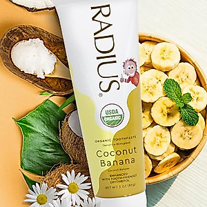 RADIUS USDA Organic Kids Toothpaste 3oz Non Toxic Chemical-Free Gluten-Free Designed to Improve Gum Health for Children's 6 Months and Up - Coconut Banana - Pack of 6