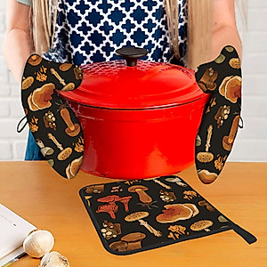 Mushroom Oven Mitts and Pot Holders Sets, Funny Kitchen Heat Resistant of 500 Degrees, Pure Cotton Hot Pads and Oven Mitts Sets for Baking,Cooking,BBQ Grilling(3Pcs Set)…