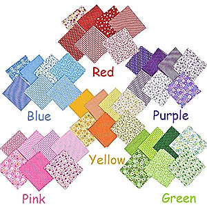 42Pcs 10"x10" Quilting Cotton Fabric Squares Sheets Pre-Cut Multi-Color Design Printed Floral Craft Fabric for DIY Sewing Scrapbooking Quilting Craft Patchwork (Red/Pink/Yellow/Green/Blue/Purple)