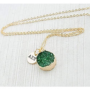 Sorority Shop AST Necklace - Alpha Sigma Tau Green Druzy Gemstone Necklace With Engraved Pendant – 14K Gold Dipped Jewelry with Green Gemstone – Sorority Gift, Charm Paraphernalia