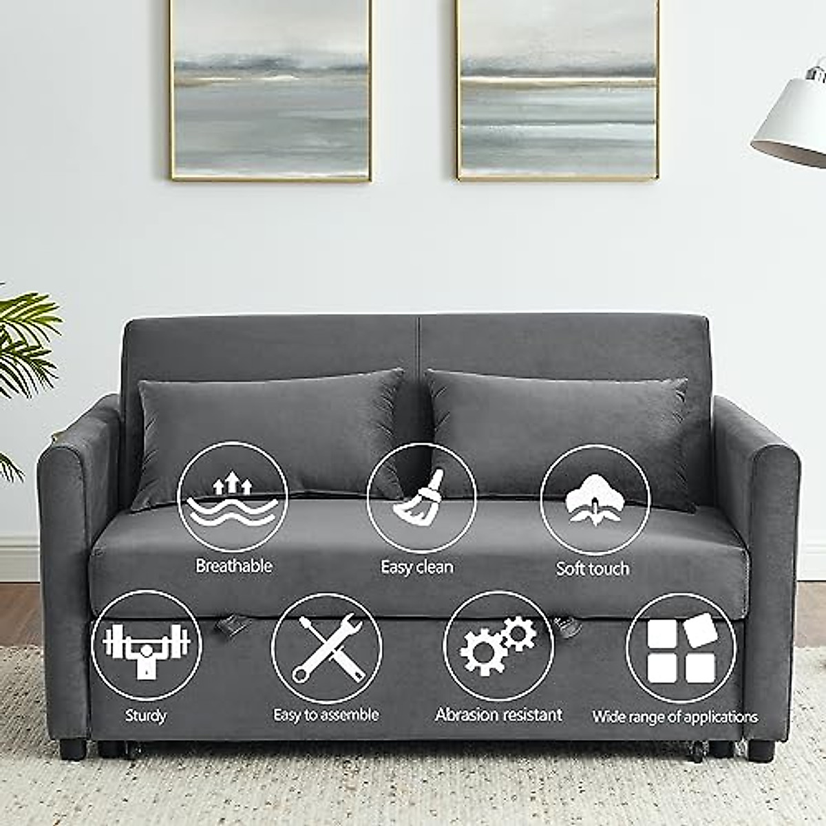 FANYE Foldable Futon Sofa Loveseat Convertible Sleeper Couch Bed for Small Space Apartment Office Living Room Furniture Sets with 2, Tufted Back & Seat Sofabed, Gray Velvet Bring Side Pockets, Pillows