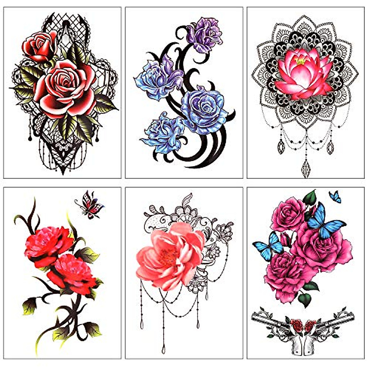 Konsait 15 Sheets Flower Temporary Tattoos for Women, Half Arm Tattoos Sleeves Stickers, Rose Flower Skull Butterfly Fake Tattoos, Arm Chest Shoulder Decorations Tattoos for Adults Girls Kids