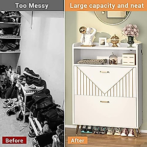 Aheaplus Shoe Cabinet with Flip Doors, Shoes Storage Organizer with Motion Sensor Led Light, Entryway Wood Freestanding Tipping Bucket Shoe Rack with Open Shelves for Closet, Living Room, White