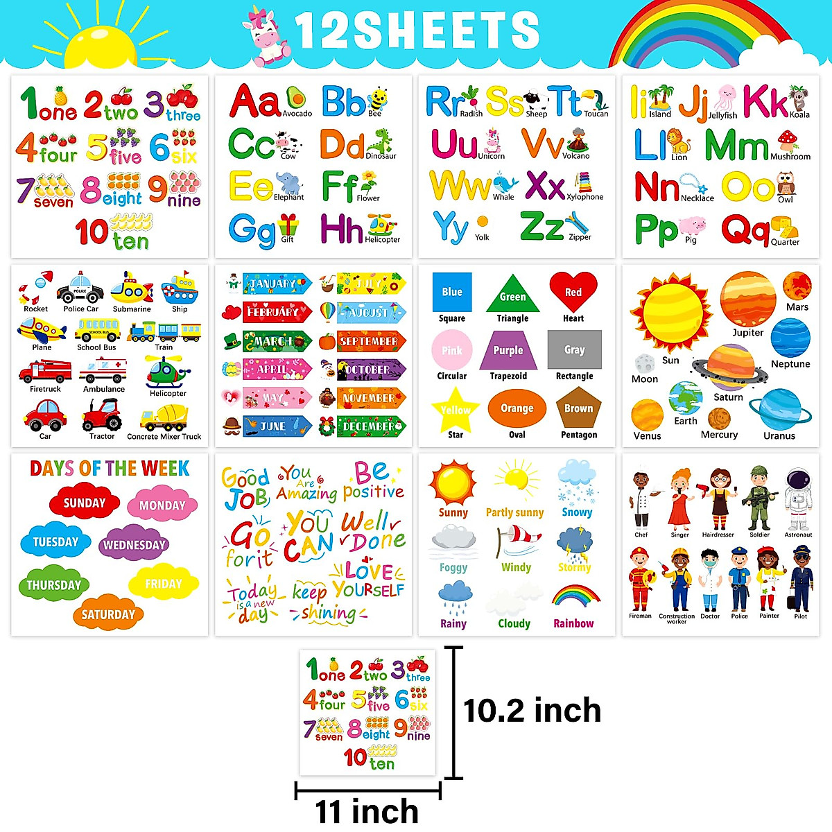Alphabet Numbers Wall Decals 12 Sheets Color Weather Learning Educational Wall Stickers Peel and Stick Solar System Shape Wall Decals for Kids Toddlers Classroom Playroom Bedroom Wall Decorations