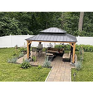 YOLENY 13' x 15' Wood Gazebo, Spruce Frame Outdoor Hardtop Gazebo with Metal Roof, Privacy Curtains and Nettings for Patio, Garden, Backyard