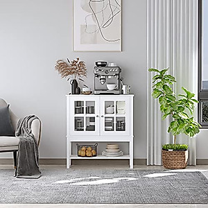 HOMCOM Coffee Bar Cabinet, Modern Sideboard Buffet Cabinet, Kitchen Cabinet with 2 Glass Doors, Adjustable Inner Shelving and Bottom Shelf, White