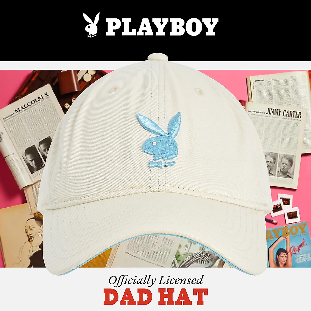 Playboy Dad Hat, Cotton Twill Adjustable Baseball Cap with Curved Brim, Off White, One Size