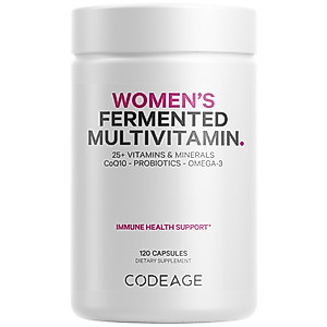Codeage Women’s Daily Multivitamin, 25+ Vitamins & Minerals, Fermented, Organic Whole Foods, Probiotics Supplement - Vitamin A, Vitamin B, Vitamins C, D, E & K, Omega 3, Zinc – Vegan - 120 Capsules