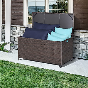 RELAX4LIFE Patio Rattan Storage Box - 50 Gallon All-Weather Wicker Storage Box w/Top Lid, Protective Liner and Wheels, Outdoor Deck Box Waterproof for Cushions, Toys, Garden Tools