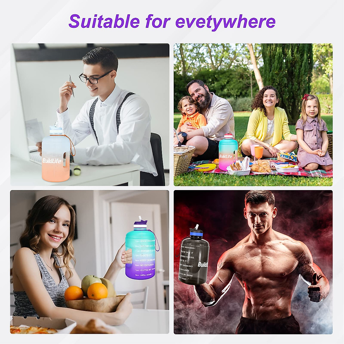 BuildLife 1 Gallon Water Bottle with Time Marker and Straw,Large Water Bottles with Times to Drink,BPA Free Gallon Water Jug- Motivational Water Bottle 1 Gallon(Green/Purple Gradient,1 Gallon)