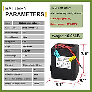 BtrPower 48V LiFePO4 Ebike Battery 20AH Lithium Battery Pack for 1500W-350W Motor, Built-in 40A BMS and 3A Fast Charger