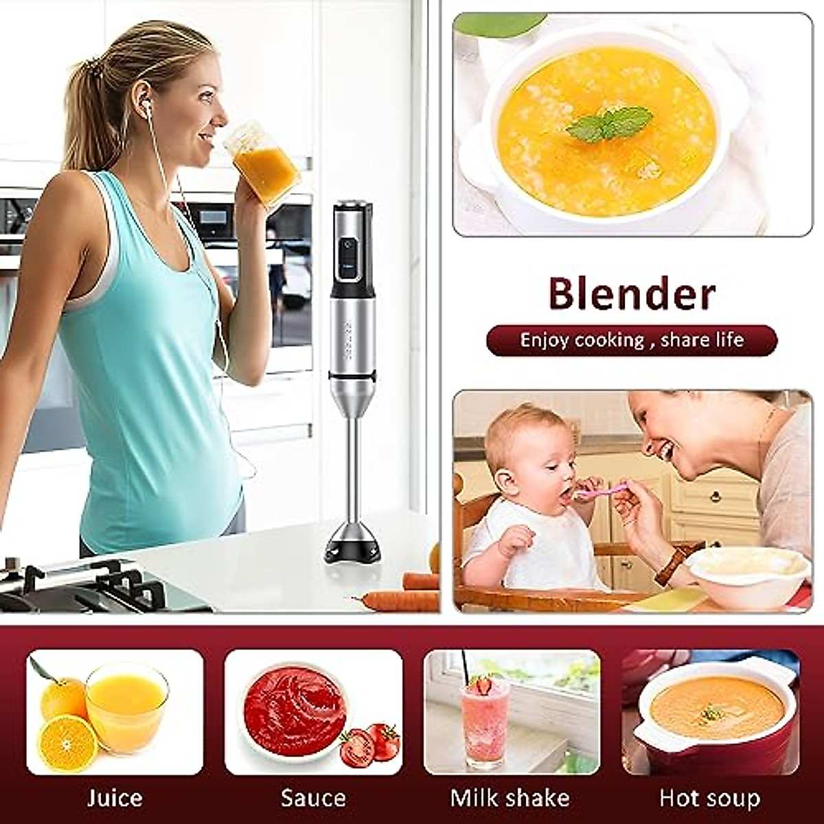 BEEWEEL Immersion Blender Handheld - 800 Watts Scratch Resistant Hand Blender, 15 Variable Speeds & Turbo Hand Mixer, 3-in-1 Heavy Duty Copper Motor Handheld Blender with Egg Whisk and Chopper