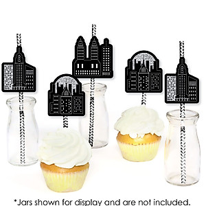 Big Dot of Happiness Nighttime City Skyline - Paper Straw Decor - New York Party Striped Decorative Straws - Set of 24