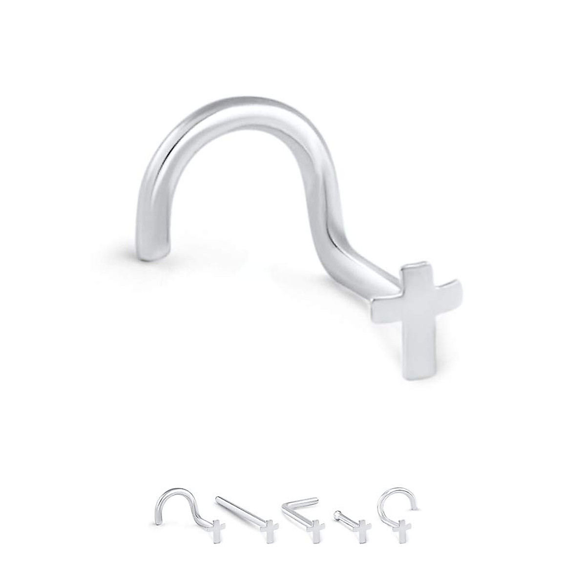 14k Solid White Gold Right Nose Screw Ring Cross 18G