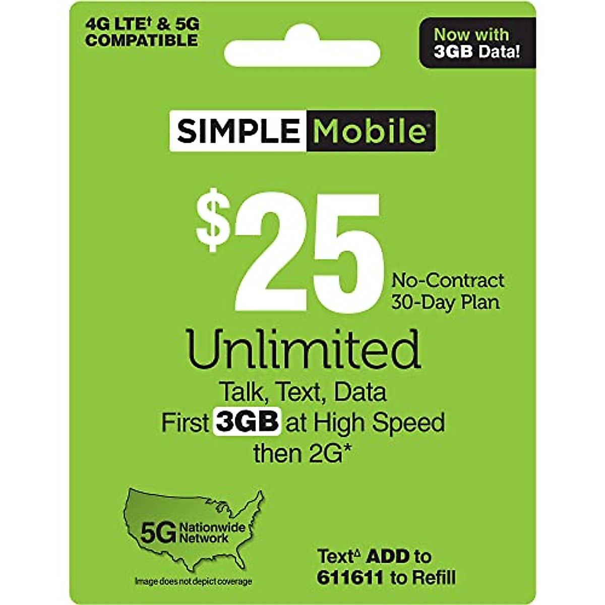 SIMPLE Mobile $25 Unlimited Talk,Text&Data (3GB High–Speed)[Physical Delivery]