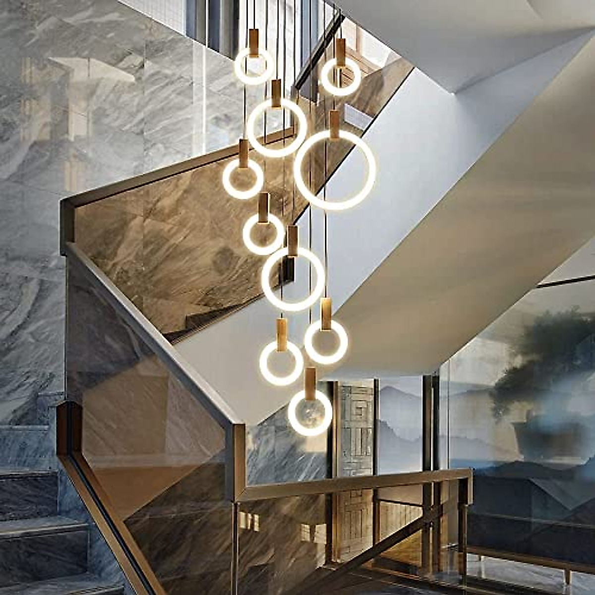 JAYMP 10 Rings Stair Chandelier High Ceiling Modern LED Acrylic Circle Wooden Nordic Art Pendant Lighting Long Chandeliers White Living Room Restaurant Hotel Hallway Entrance Staircase
