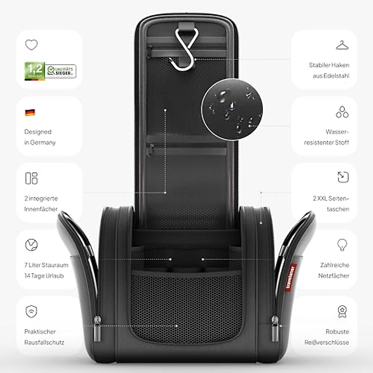 Travelaner [NEW] Hanging Toiletry Bag [Design 2023] for Women & Men, Quality Make Up & Travel Cosmetic Bag, Water Repellent, 7+ Liters of Storage Space, Large Side Pockets & Sturdy Zippers (Black)