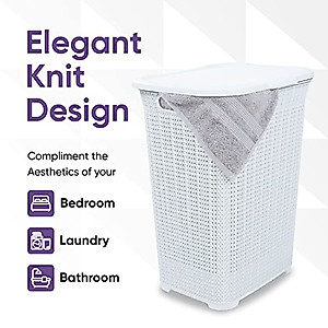 Wicker Laundry Hamper With Lid 50 Liter - White Laundry Basket 1.40 Bushel Durable Bin With Cutout Handles - Easy Storage Dirty Cloths in Washroom Bathroom, Or Bedroom. By Superio