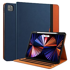for iPad Air 5th Generation Case 2022/ 4th Generation 2020 10.9 Inch with Pencil Holder, Folio Stand Leather Cover with Multiple Angles & Auto Sleep/Wake for iPad Air 5/4 Case, NavyBlue/Brown
