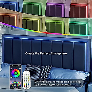 Catrimown Queen Size Bed Frame with LED Lights, Upholstered Bed Frame Queen with Faux Leather Adjustable Headboard, Wood Slat Support, No Box Spring Needed, Easy Assembly, Black