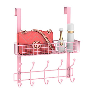 MILIJIA Over The Door Hooks with 5 Hooks & Mesh Baskets, Rustproof & Waterproof Coat Hanger, Detachable Storage Coat Rack for Towels, Hats, Handbags, Coats, Closet (Pink)