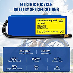 36V Ebike Battery for Electric Bike Bicycle, 36v 10ah Lithium Battery Pack for Scooter, 36 Volt Lithium Battery for Electric Bike Replacement , 20A BMS for 350w 500w 750w Motor ,42v 2A Charger (B-2)