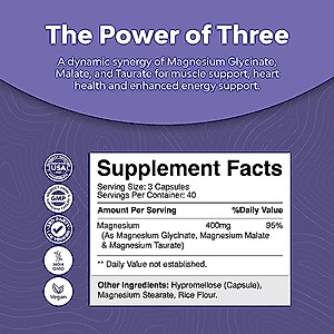 Triple Magnesium Complex Supplement 400mg Elemental - High Absorption Magnesium Taurate and Glycinate Plus Malate Magnesium Blend for Sleep Muscle Bone Mood and More - Non GMO Vegan Magnesium 400 mg