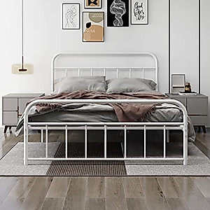 WJORATA Metal Platform Queen Size Bed Frame with Vintage Headboard and Footboard Steel Slat Support No Box Spring Needed Easy Assembly, White