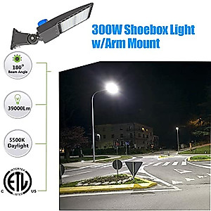 LED Parking Lot Lights Outdoor 300W with Adjustable Arm Mount, LED Shoebox Area Light 5500K,39000 Lumens, IP65 Waterproof Outdoor Commercial Area Street Flood Lighting (300W Arm Mount)