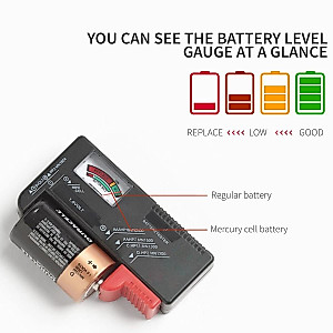electromott Universal Battery Power Tester - household all kinds of batteries life meter for AA AAA C D 9V 1.5V Button Cell Batteries with Storage Pouch