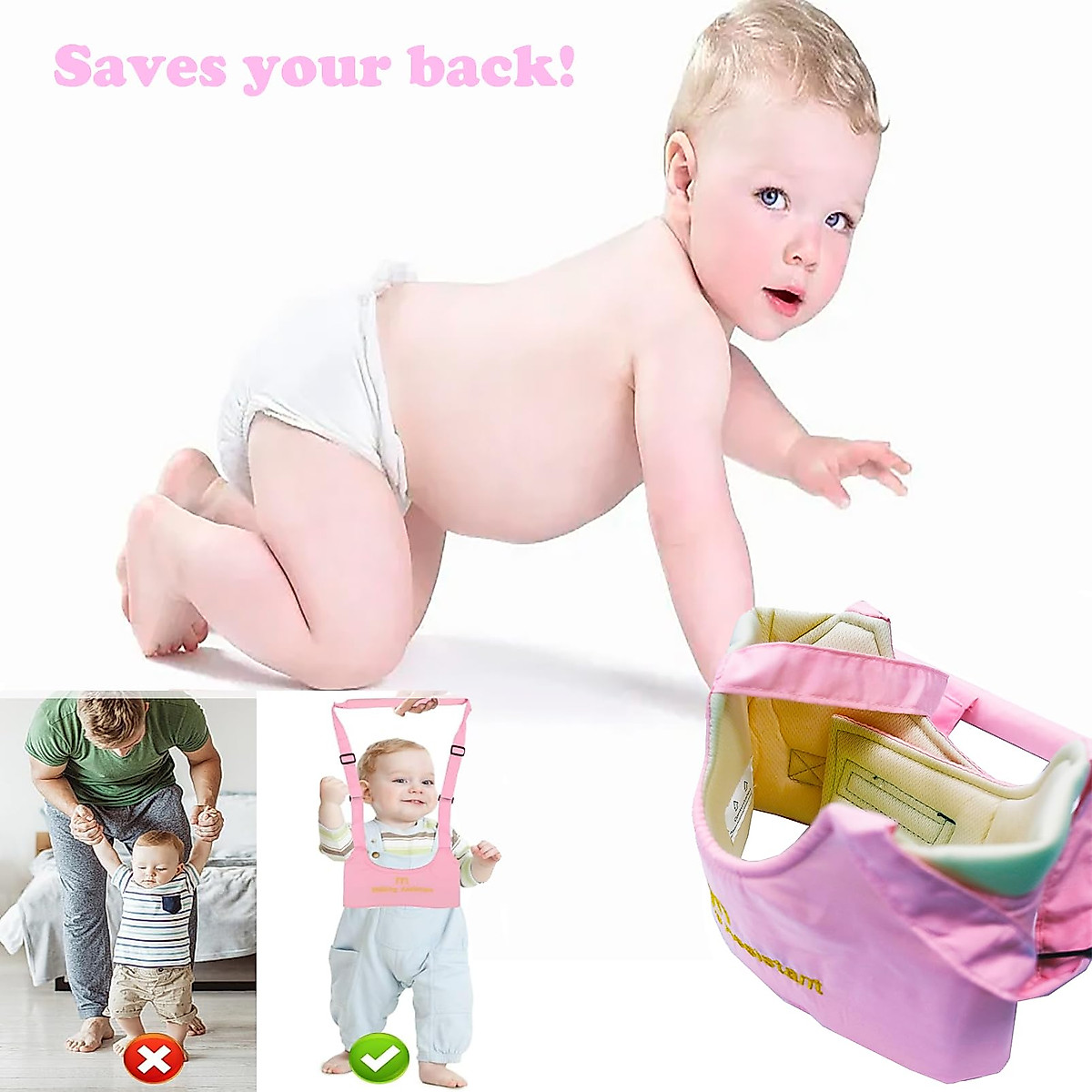 YESTIC Adjustable Baby Walking Harness Toddler Harness Assistant Belt for Learning Walk Easy-to-Wear Walking Learning Helper for Boys Girls. (Pink)