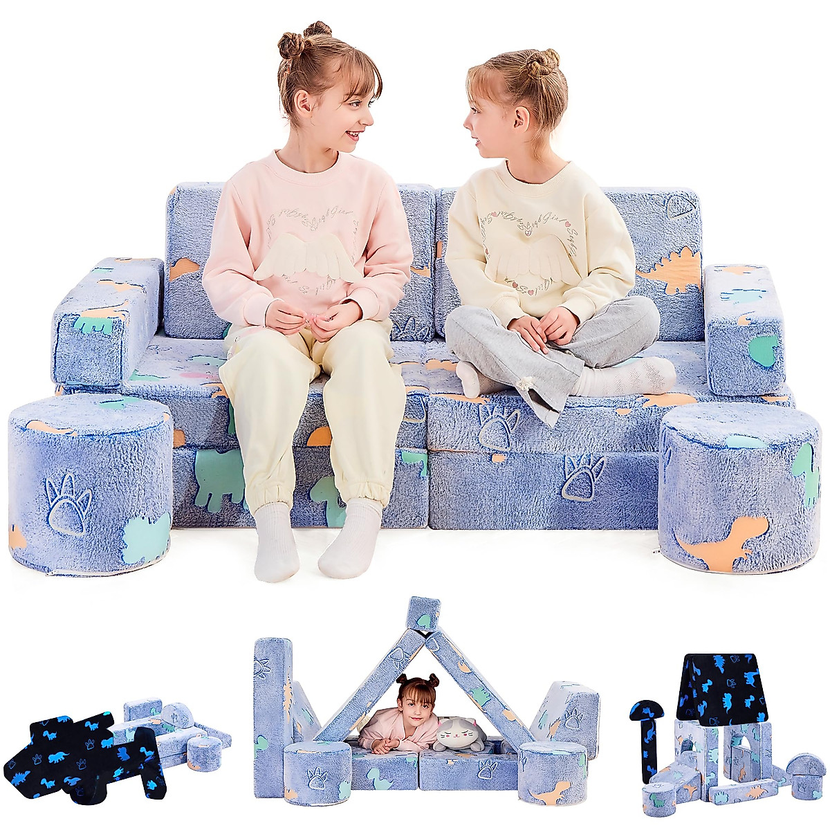 IFNOW 14pcs Modular Kids Play Couch, Kids Couch Toddler Couch, Child Sectional Sofa, Bedroom and Playroom Furniture for Toddlers, Blue Glow, Convertible Foam and Floor Cushion for Boys and Girls, Dino