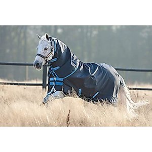 Horseware Ireland Amigo Bravo 12 Plus Pony Turnout Blanket (250g Medium, 150g Hood), Size: 63, Color: Navy (Turquoise/Aqua Trim)